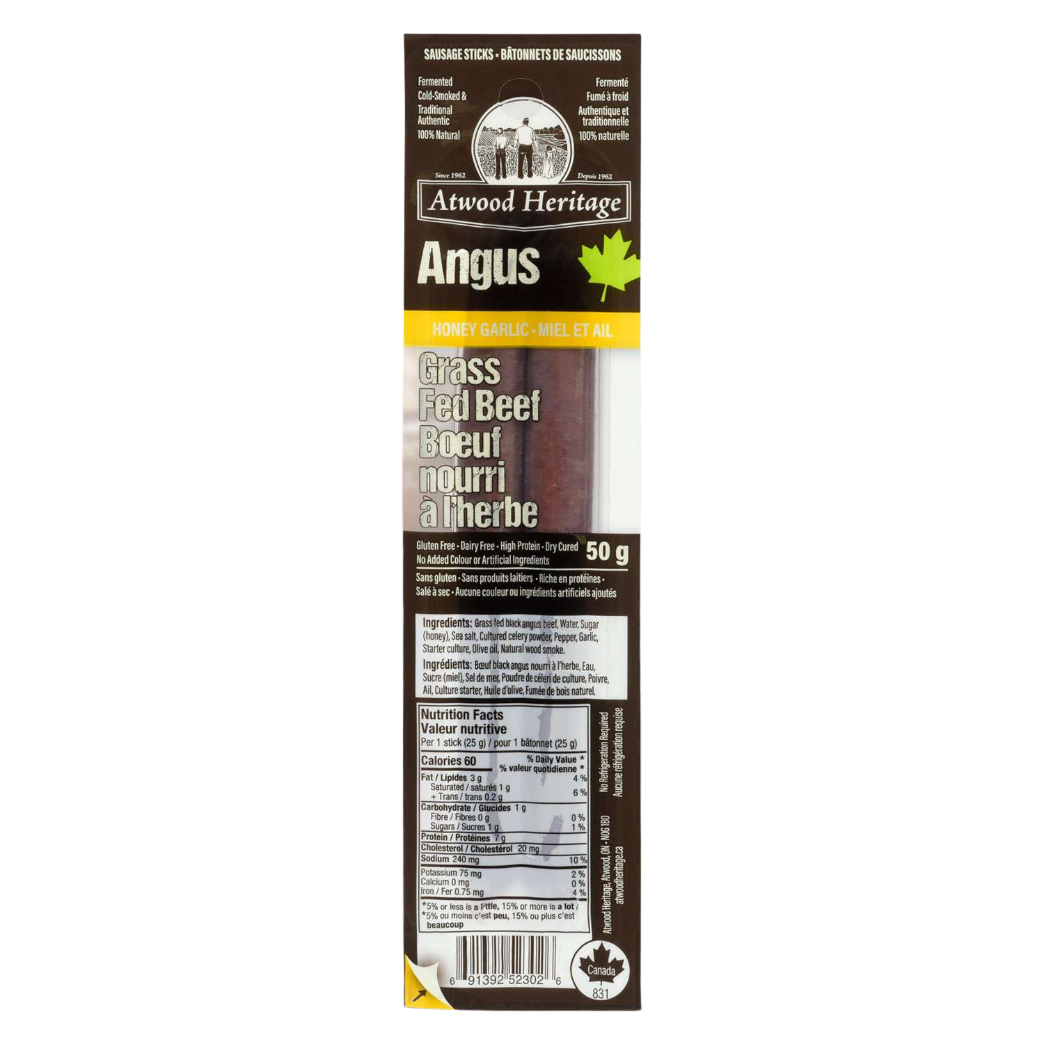 Atwood Heritage Angus Grass-Fed Beef Meat Sticks, Honey Garlic 50g ...
